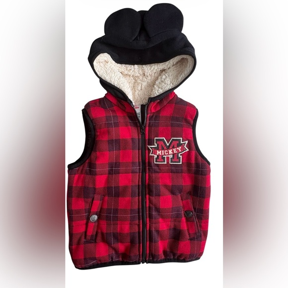 Disney | Jackets & Coats | Mickey Mouse Red Plaid Vest With Hood | Poshmark